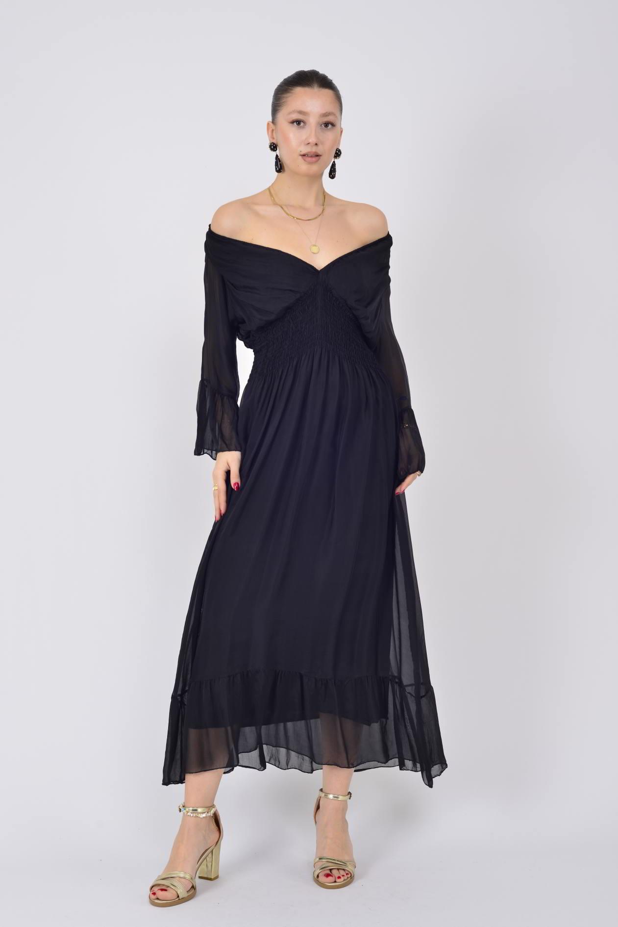 SN344 ELENA BELDEN LASTİKLİ İPEK ELBİSE