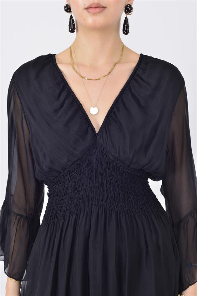 SN344 ELENA BELDEN LASTİKLİ İPEK ELBİSE