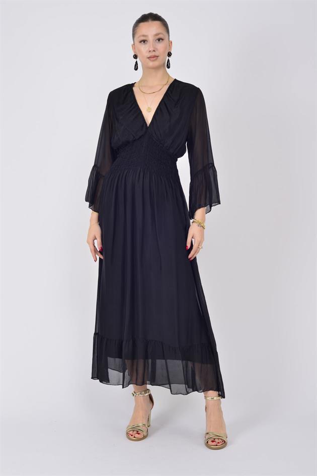 SN344 ELENA BELDEN LASTİKLİ İPEK ELBİSE