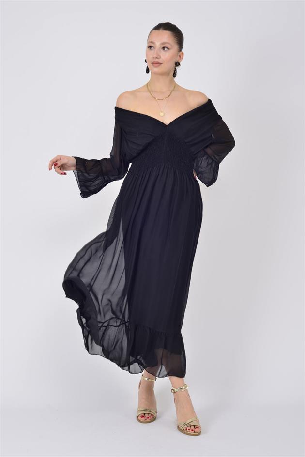 SN344 ELENA BELDEN LASTİKLİ İPEK ELBİSE