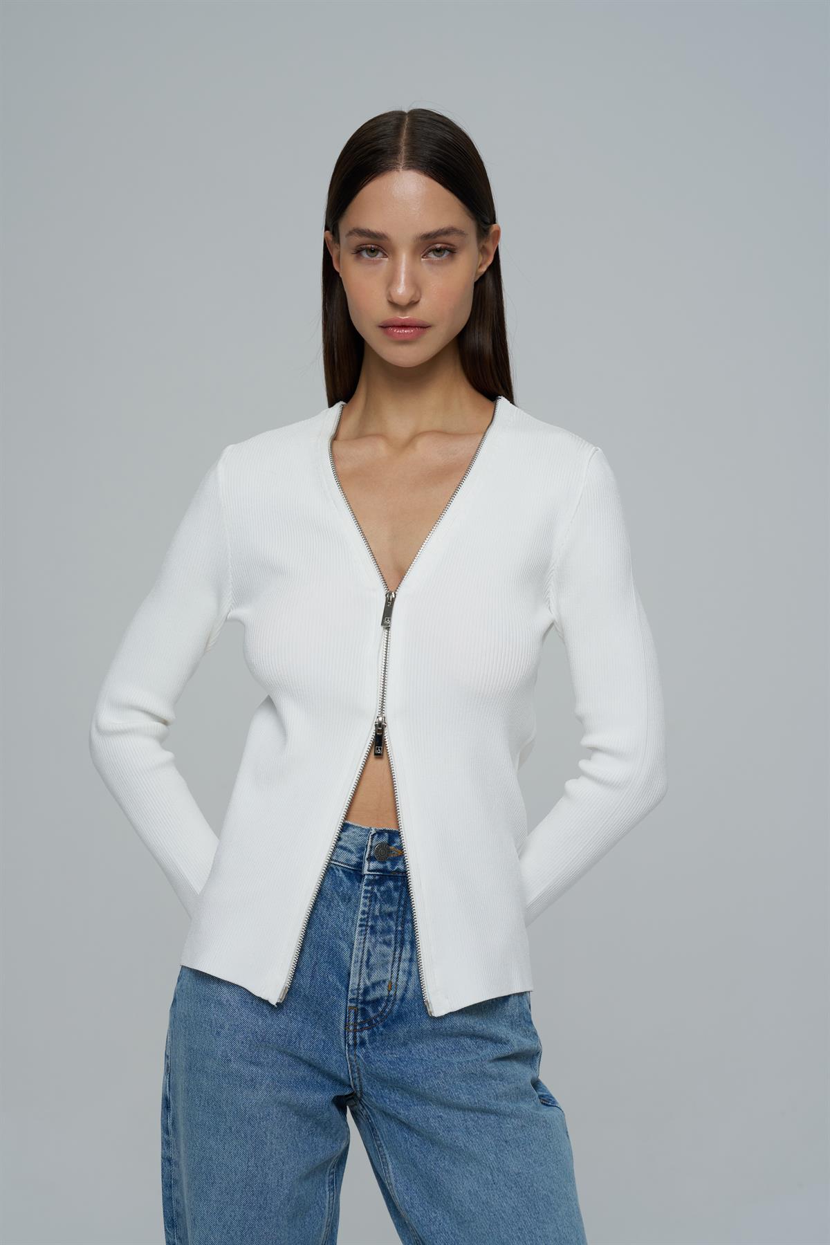 Ekru Çift Kursörlü Ribli Hırka