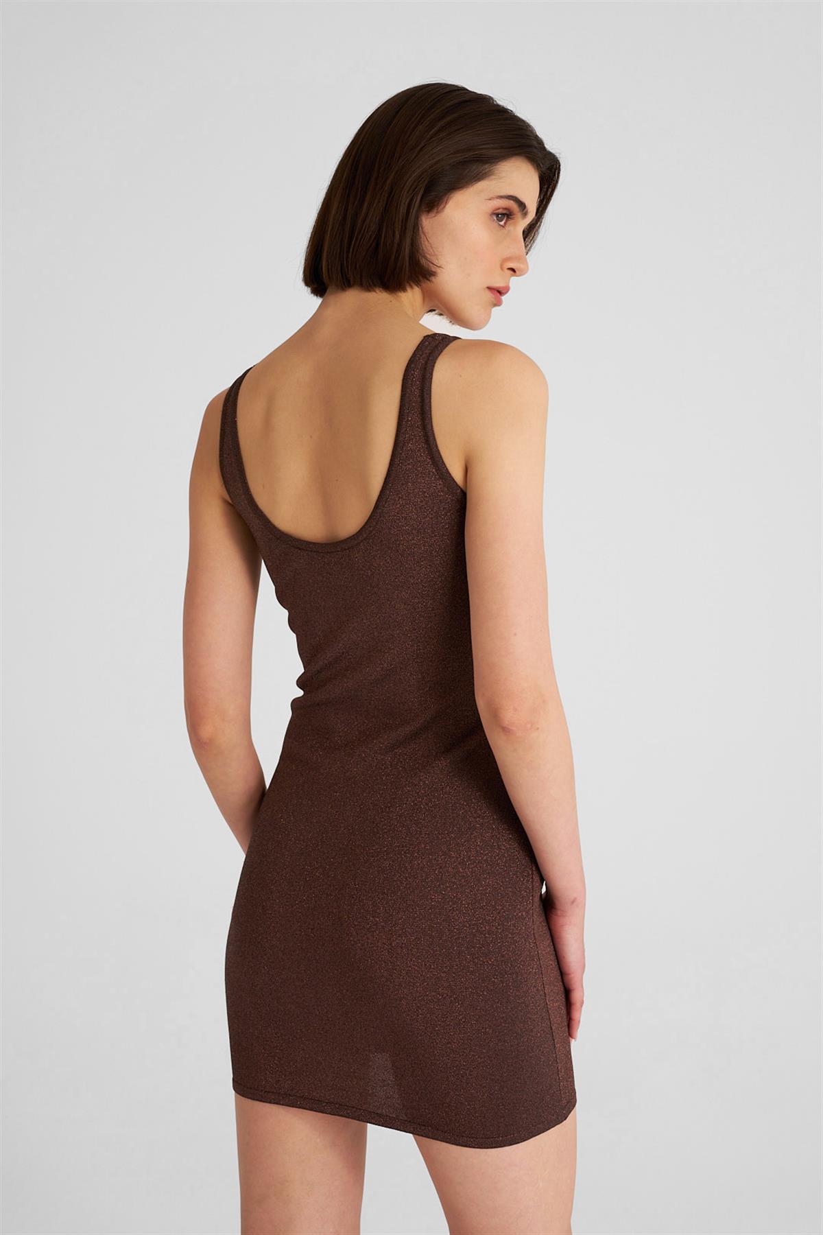 Kahverengi Carrie Simli Triko Elbise