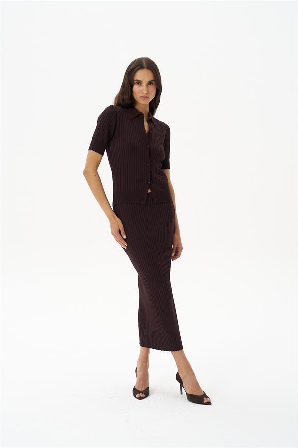 Kahverengi Ribli Kısa Kol Triko Hırka