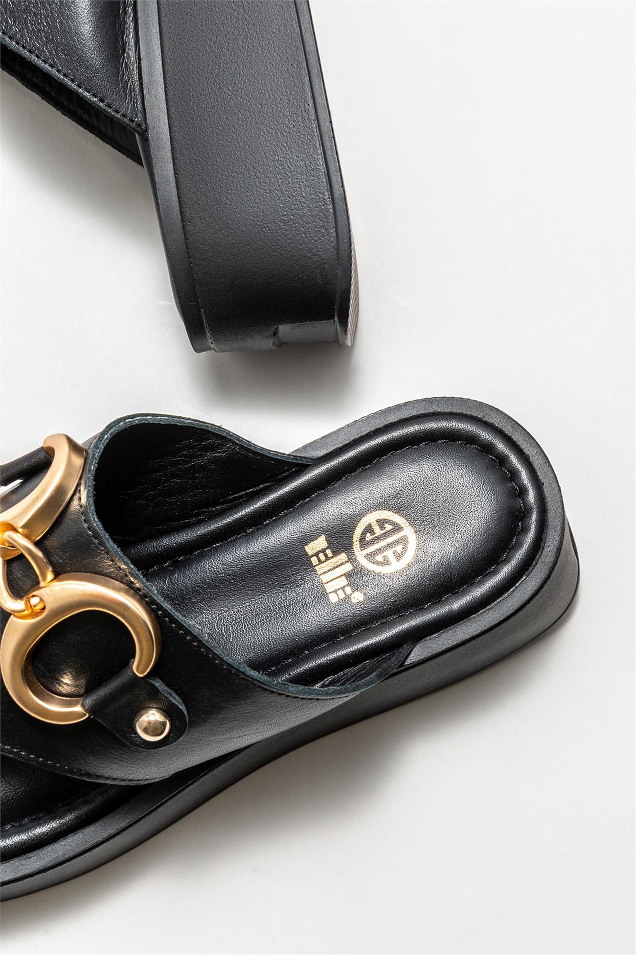 Siyah Deri Kadın Dolgu Topuk Terlik | Elle Shoes