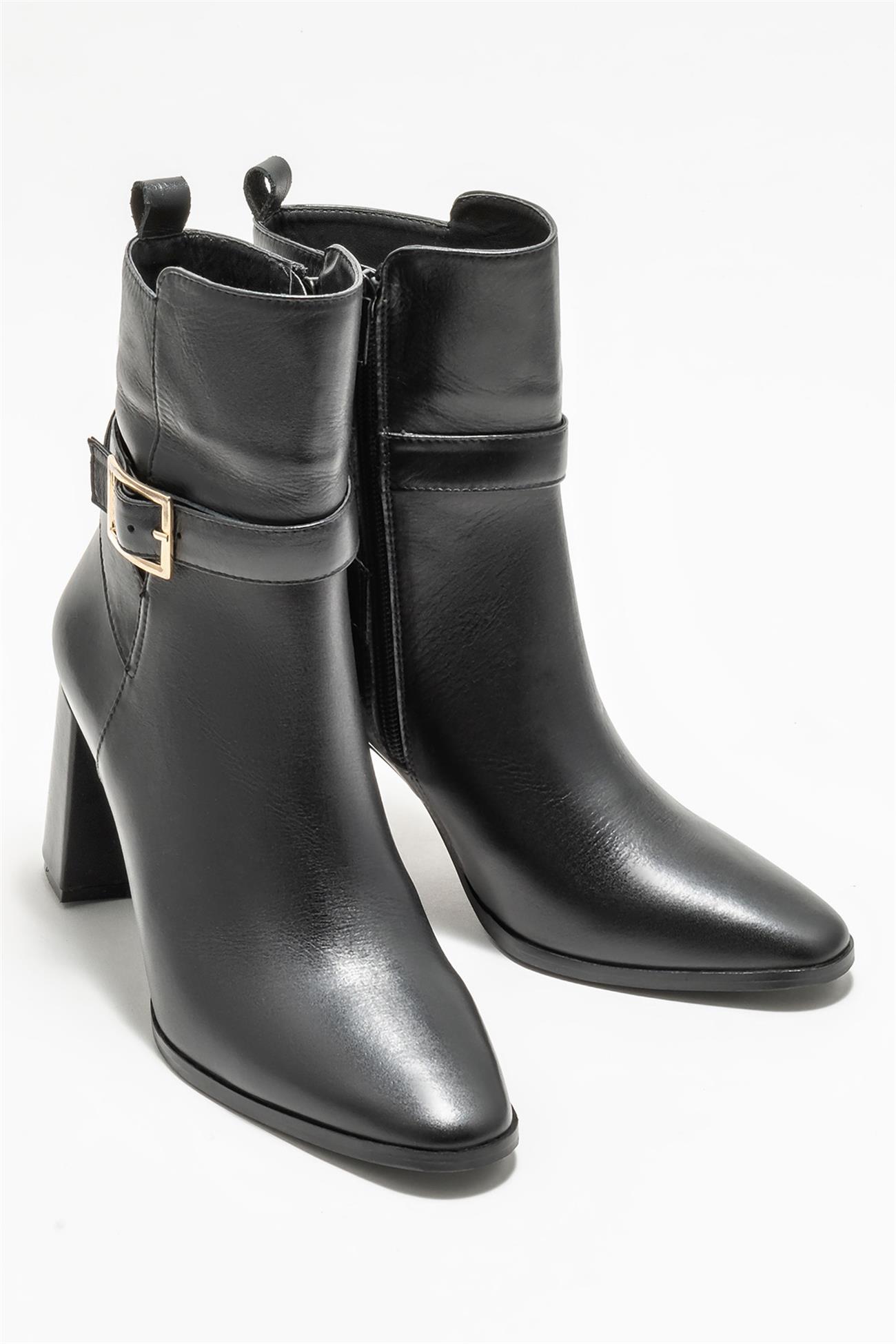 Siyah Deri Kadın Topuklu Bot | Elle Shoes