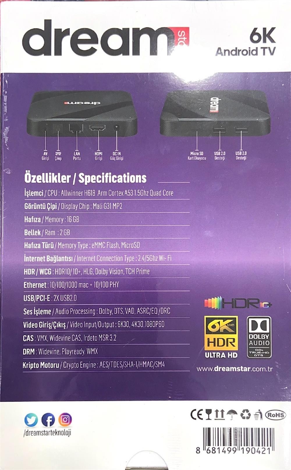 Dreamstar i3 2GB Ram 16GB Hafıza 6K Android TV Box