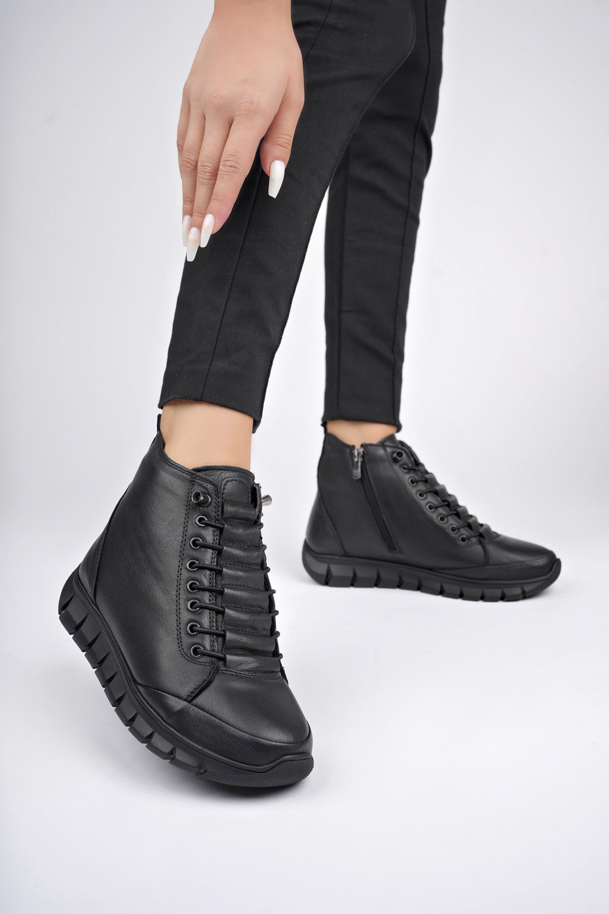 Hakiki Deri Siyah Kadın Anatomik Deri Bot DP79-3910