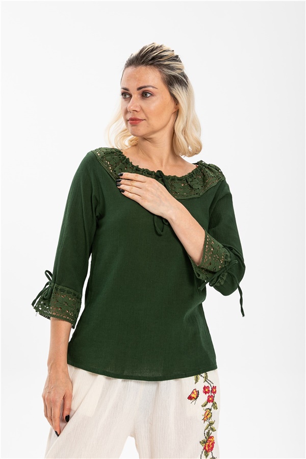 Zehra Şile Bezi Yazlık Bluz Yeşil| silemoda.com