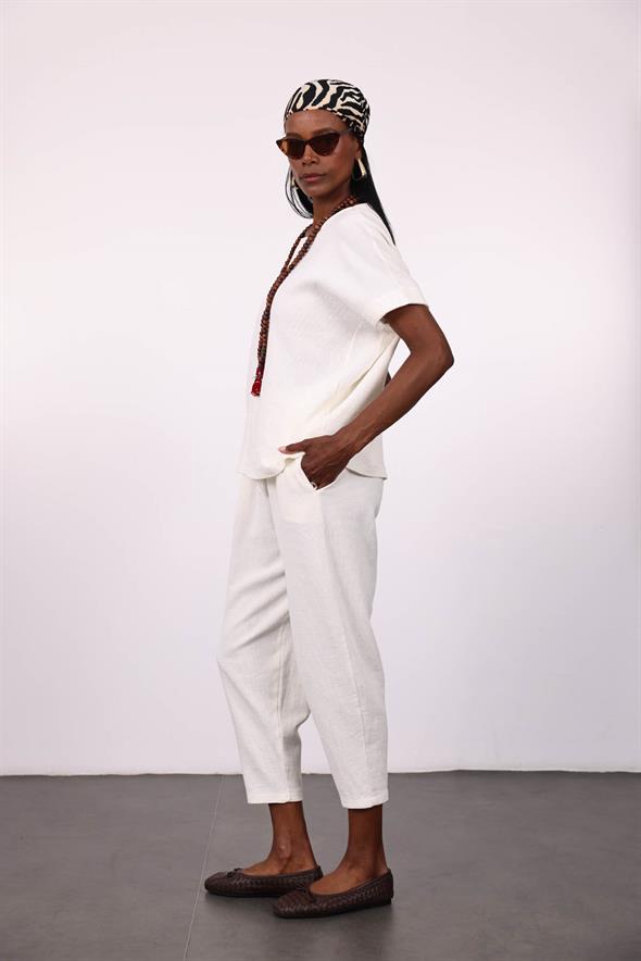 Beyaz Keten Bluz Pantolon Takım 0001