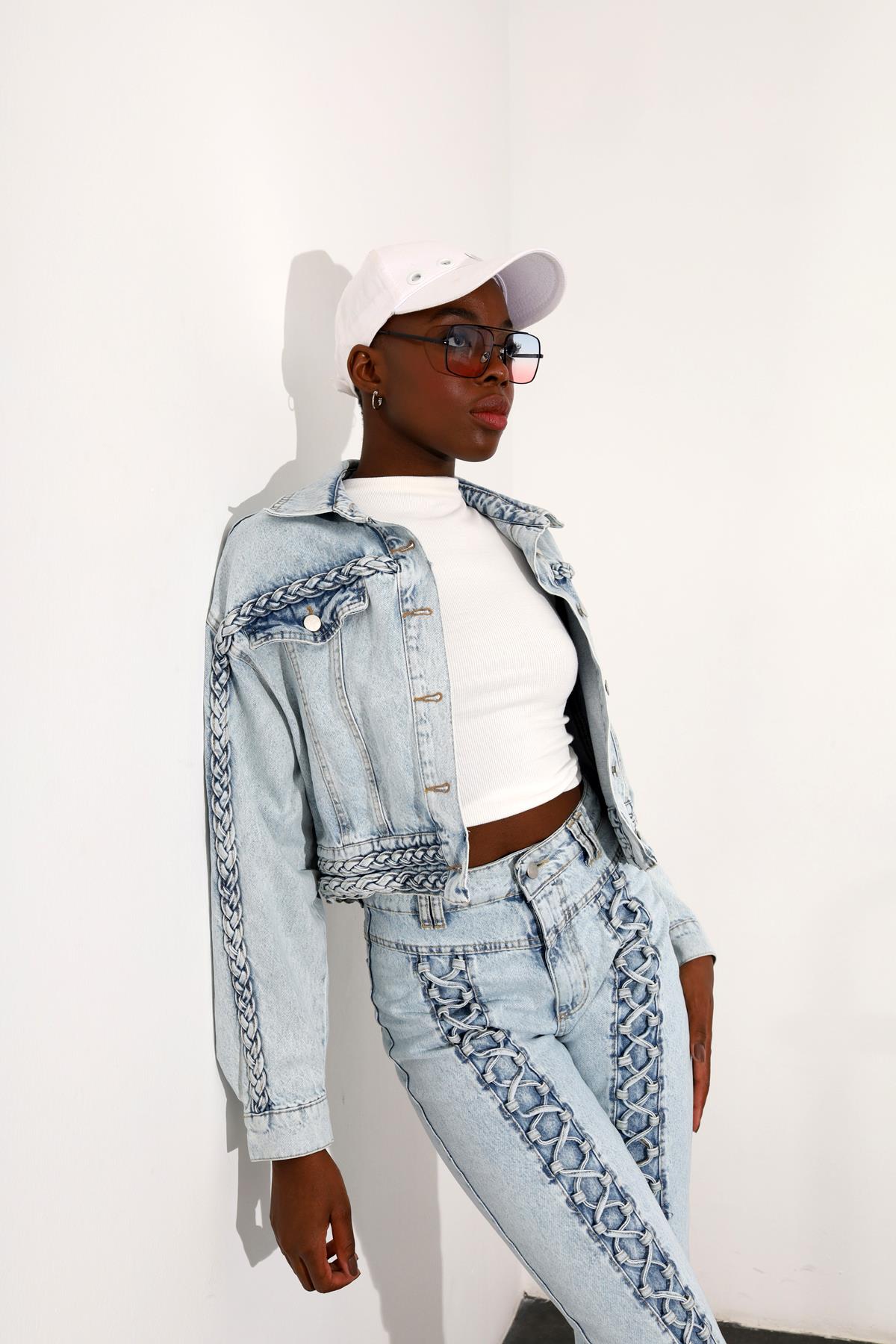 Buz Mavi Saç Örgülü Kot Ceket 16049