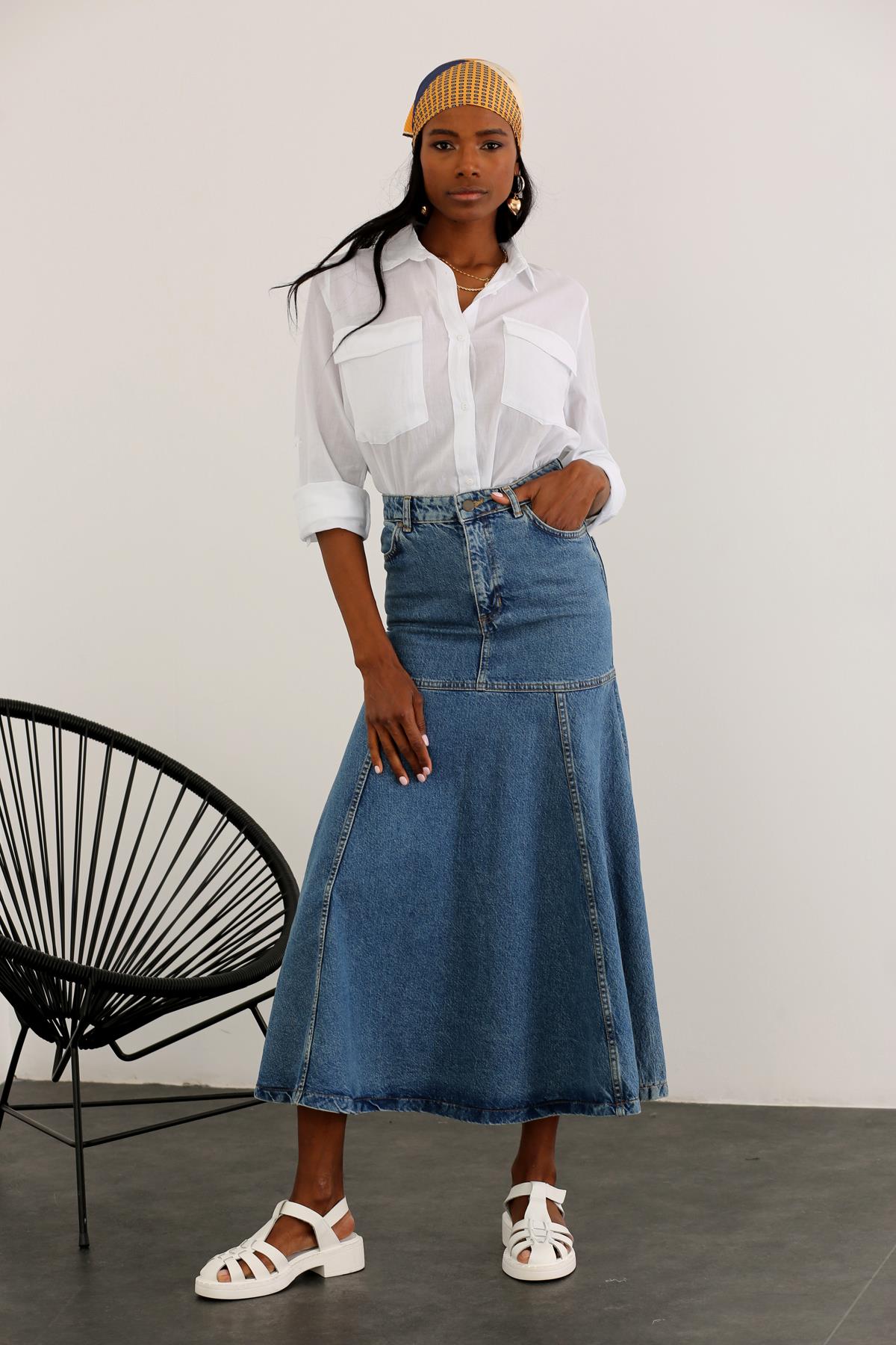 Mavi Parçalı Kot Etek