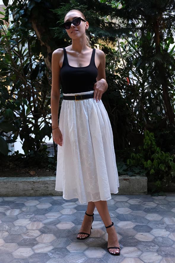 Beyaz Beli Lastikli Fistolu Etek 28008