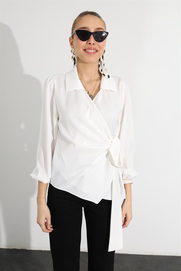 Beyaz Kruvaze Saten Bluz 10132