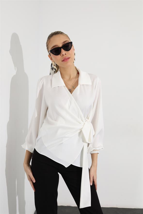 Beyaz Kruvaze Saten Bluz 10132