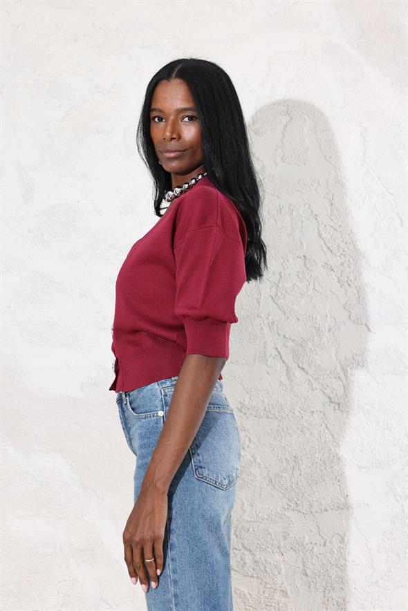 Bordo V Yaka Düğmeli Triko Hırka 0162