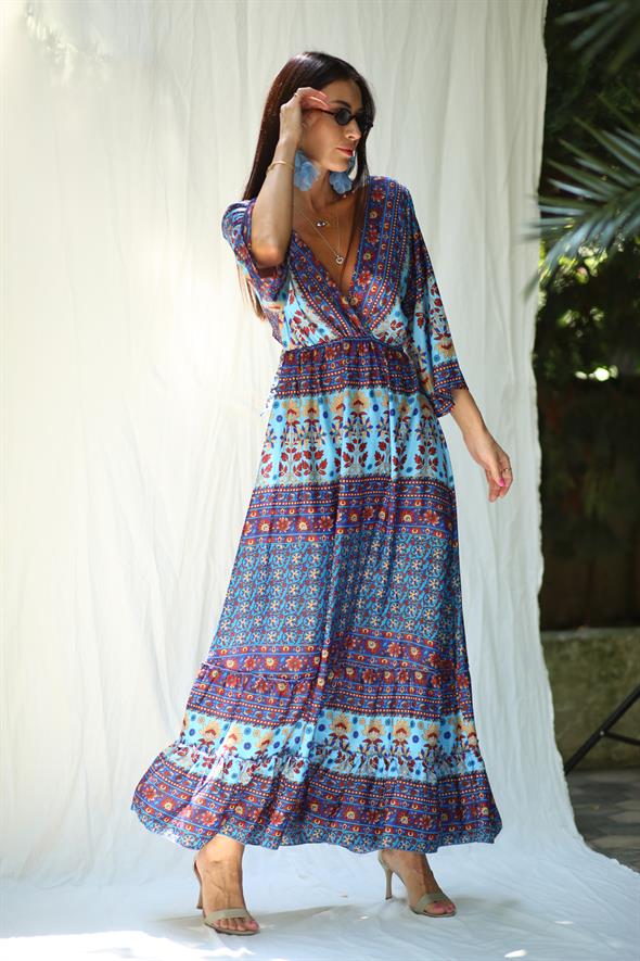 Mavi Sırt Detaylı Vintage Elbise 36272