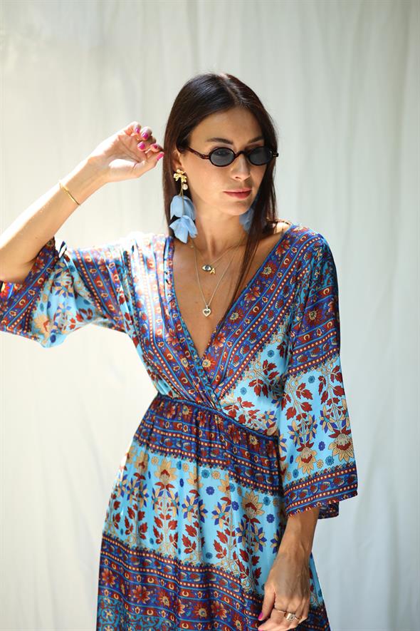 Mavi Sırt Detaylı Vintage Elbise 36272