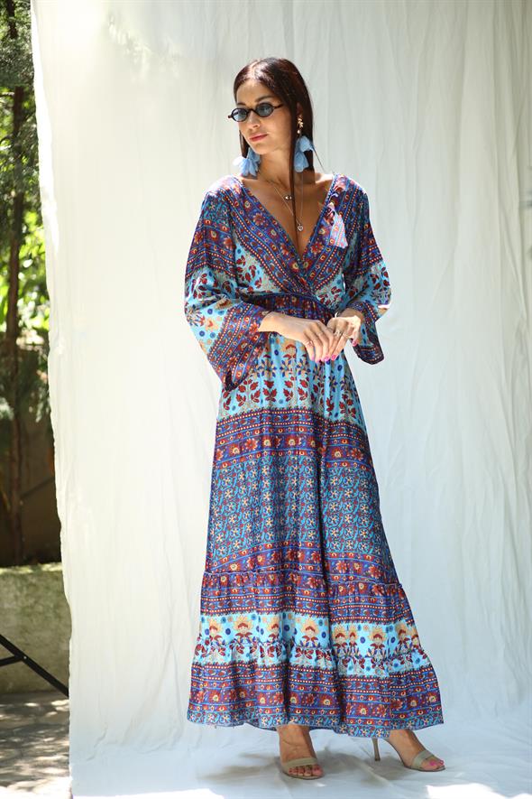 Mavi Sırt Detaylı Vintage Elbise 36272