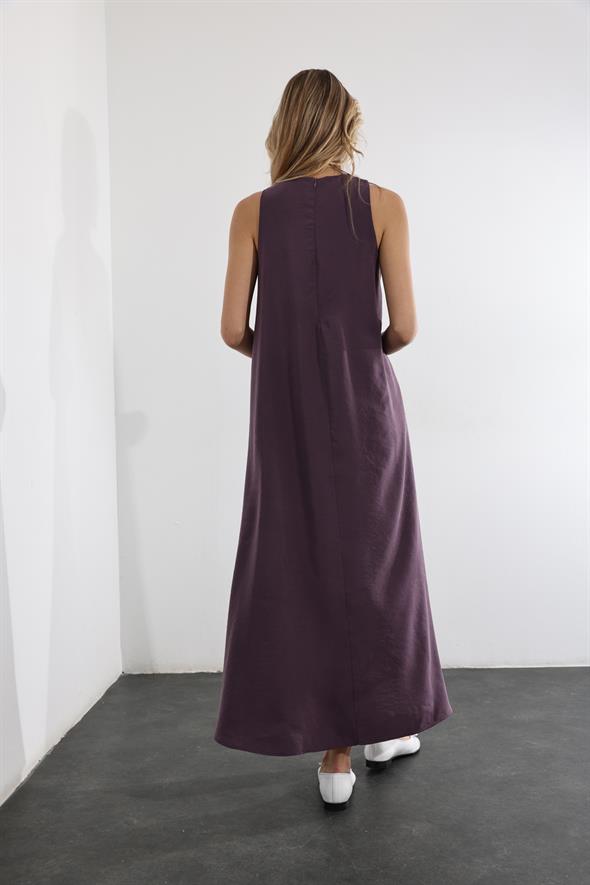 Mor Sıfır Kol Tencel Elbise 00753