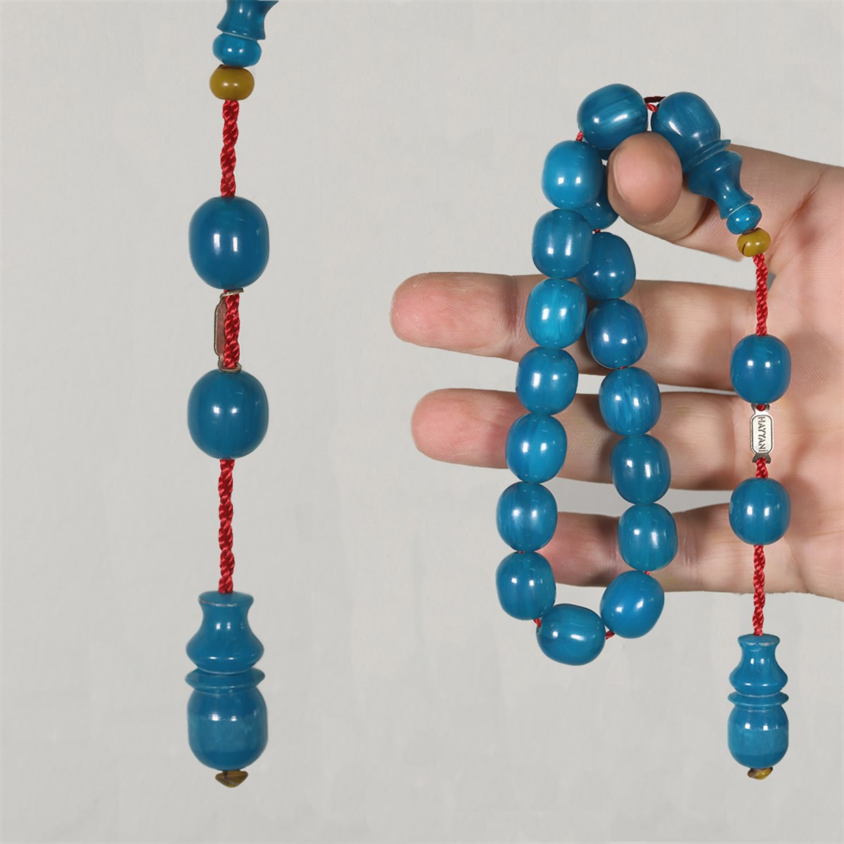 Mercan Mavisi Sıkma Kehribar El Tesbihi - Vav Gümüş