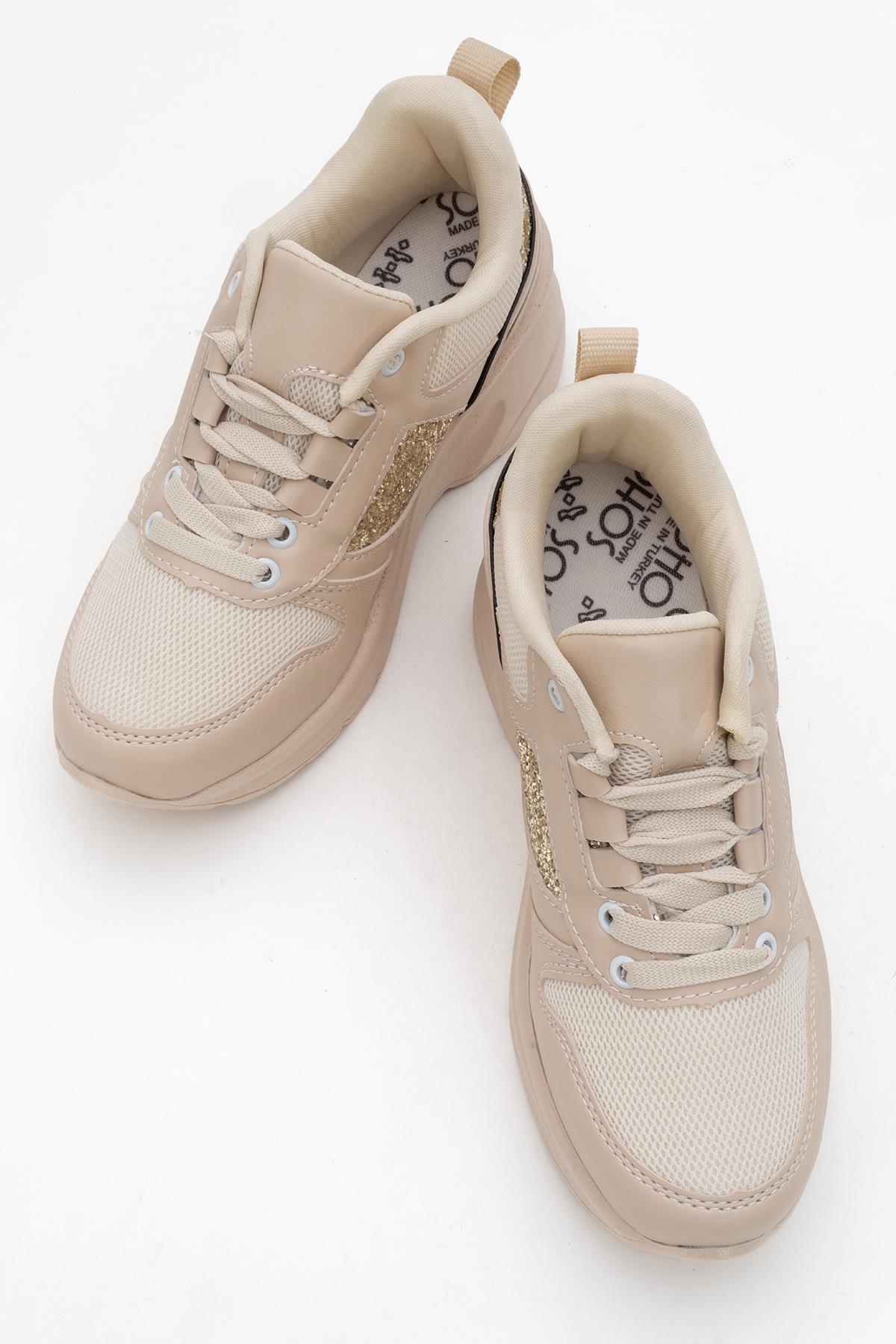 Kadın Anorak Yüksek Taban Simli Spor Ayakkab BEJ