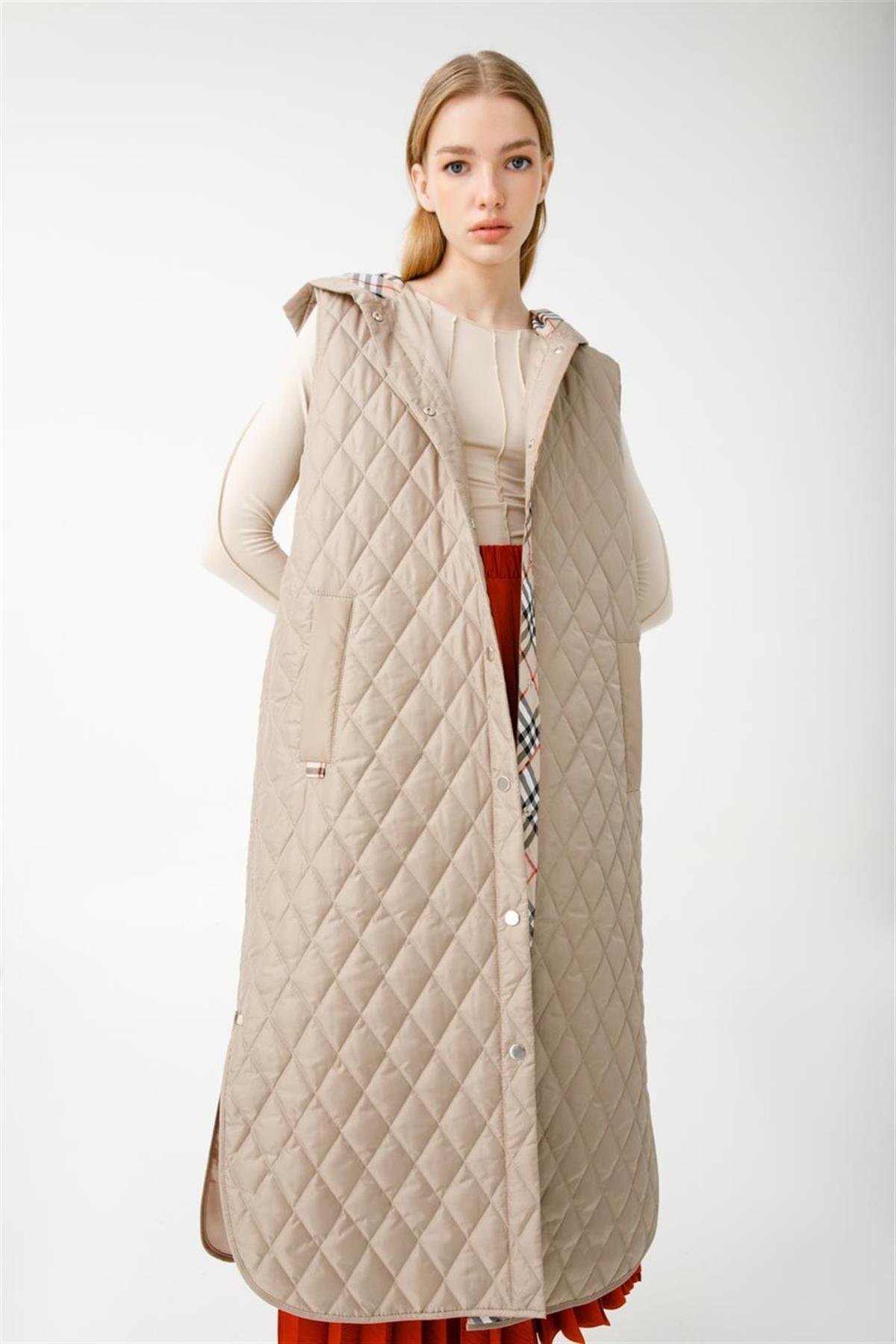 Micca 232704M Uzun Boy Kapitone Yelek - Taş - Bilen Giyim