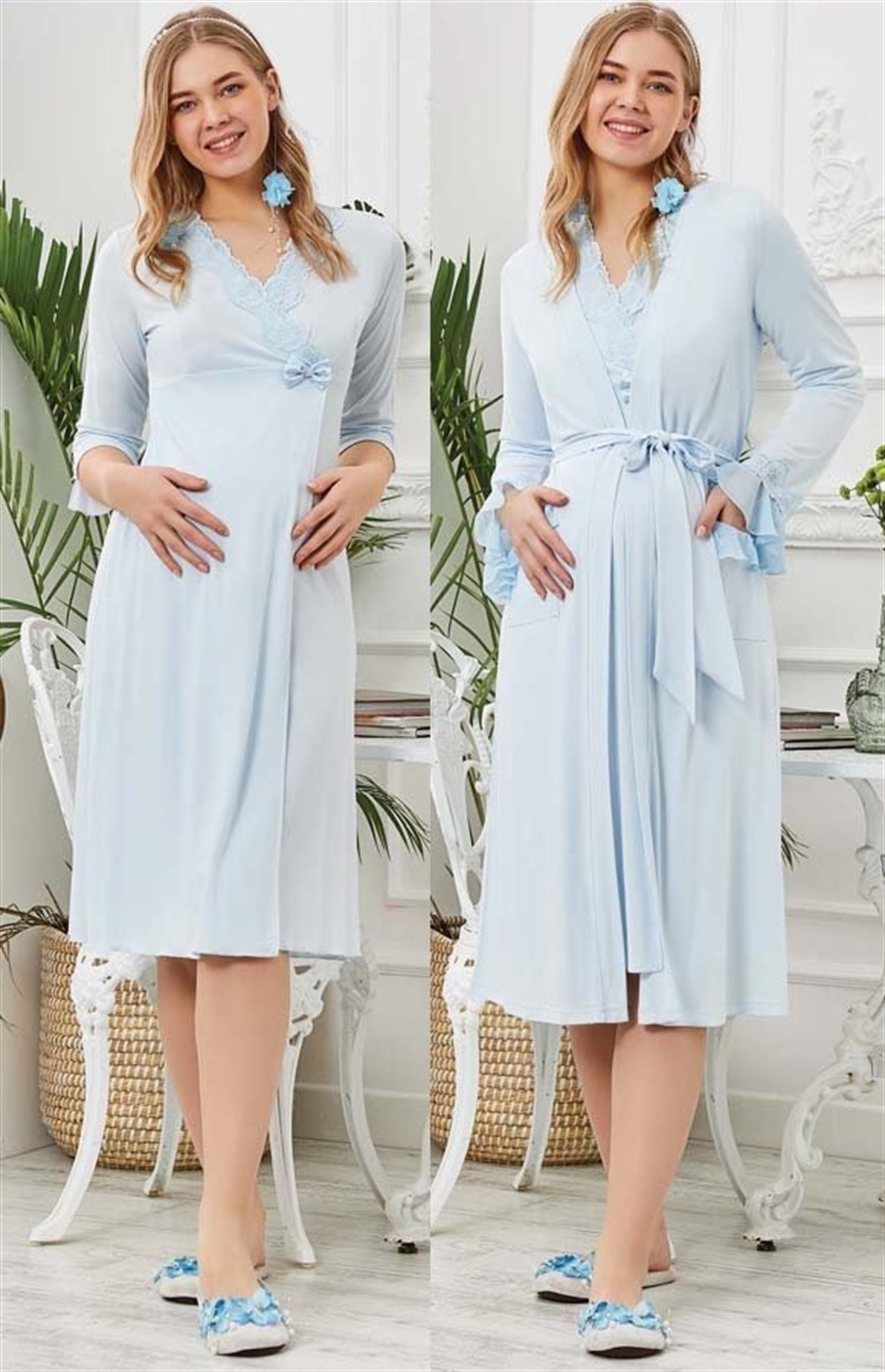 Fiyonklu Sabahlıklı Gecelik Takım - MAVİ