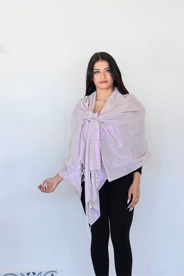 Pembe Sim Çizgili İpek Şal