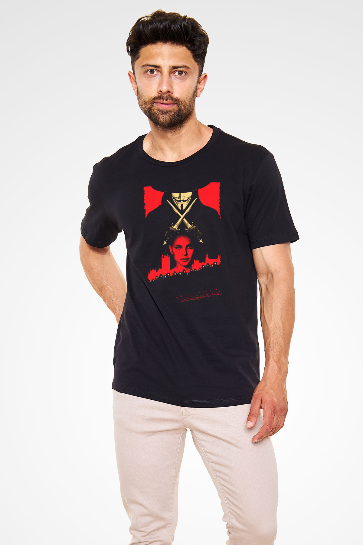 V for Vendetta Baskılı Siyah Tshirt