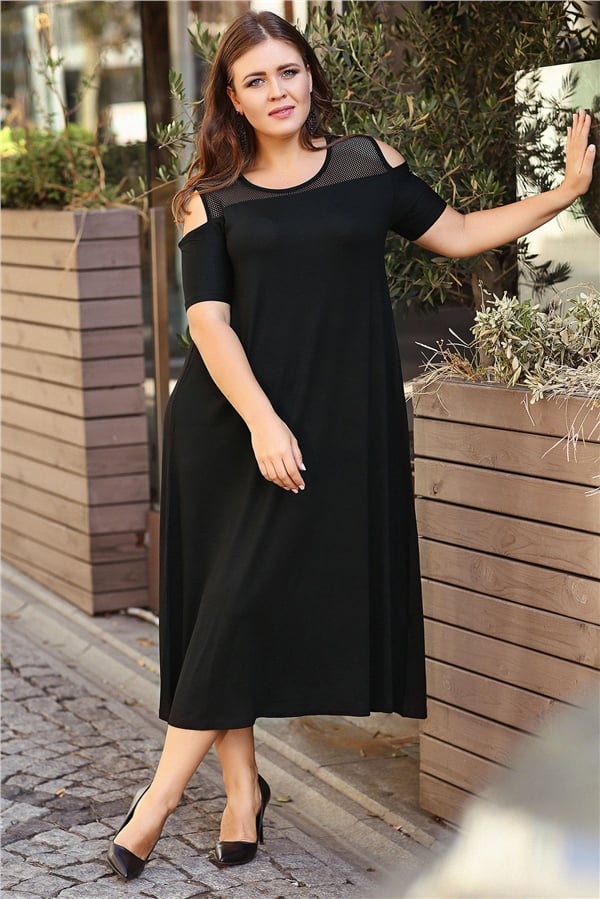 Büyük Beden Omuz Dekolte Roba File Viskon Elbise Siyah