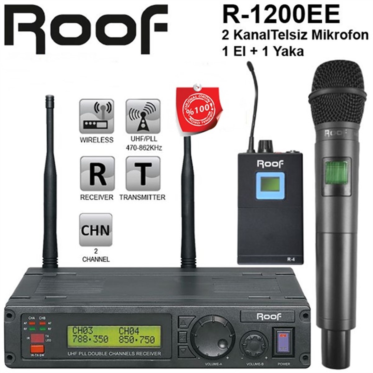 Roof R1200EY Uhf El ve Yaka Tipi Telsiz Kablosuz Mikrofon