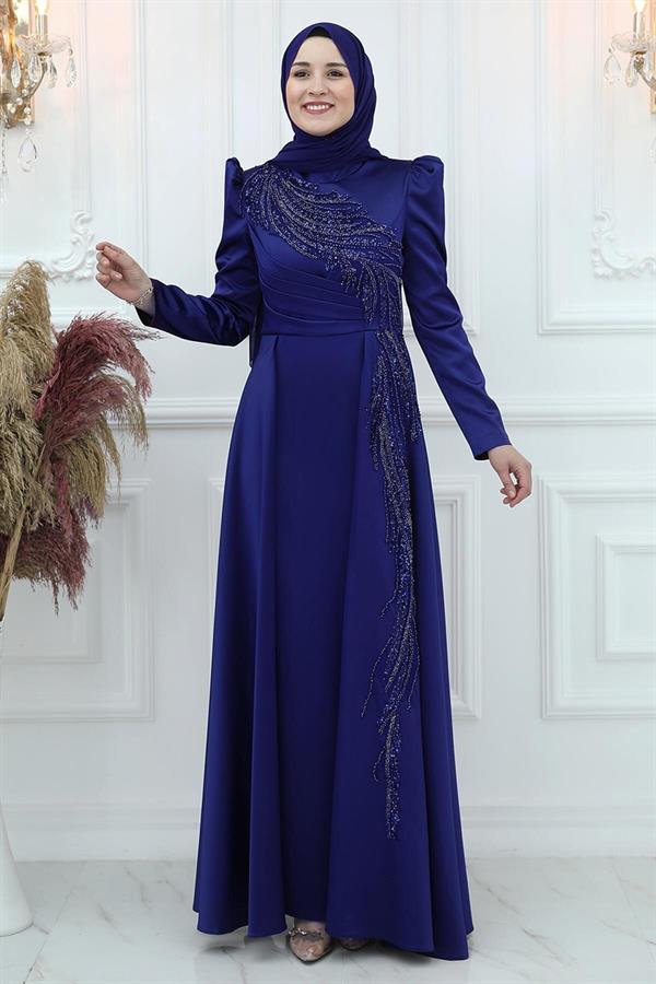 Stone Processing Satin Evening Dress Navy Blue AMH900