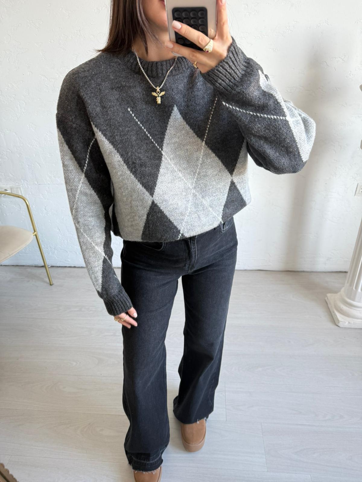 Antrasit Gri Baklava Desenli Kazak