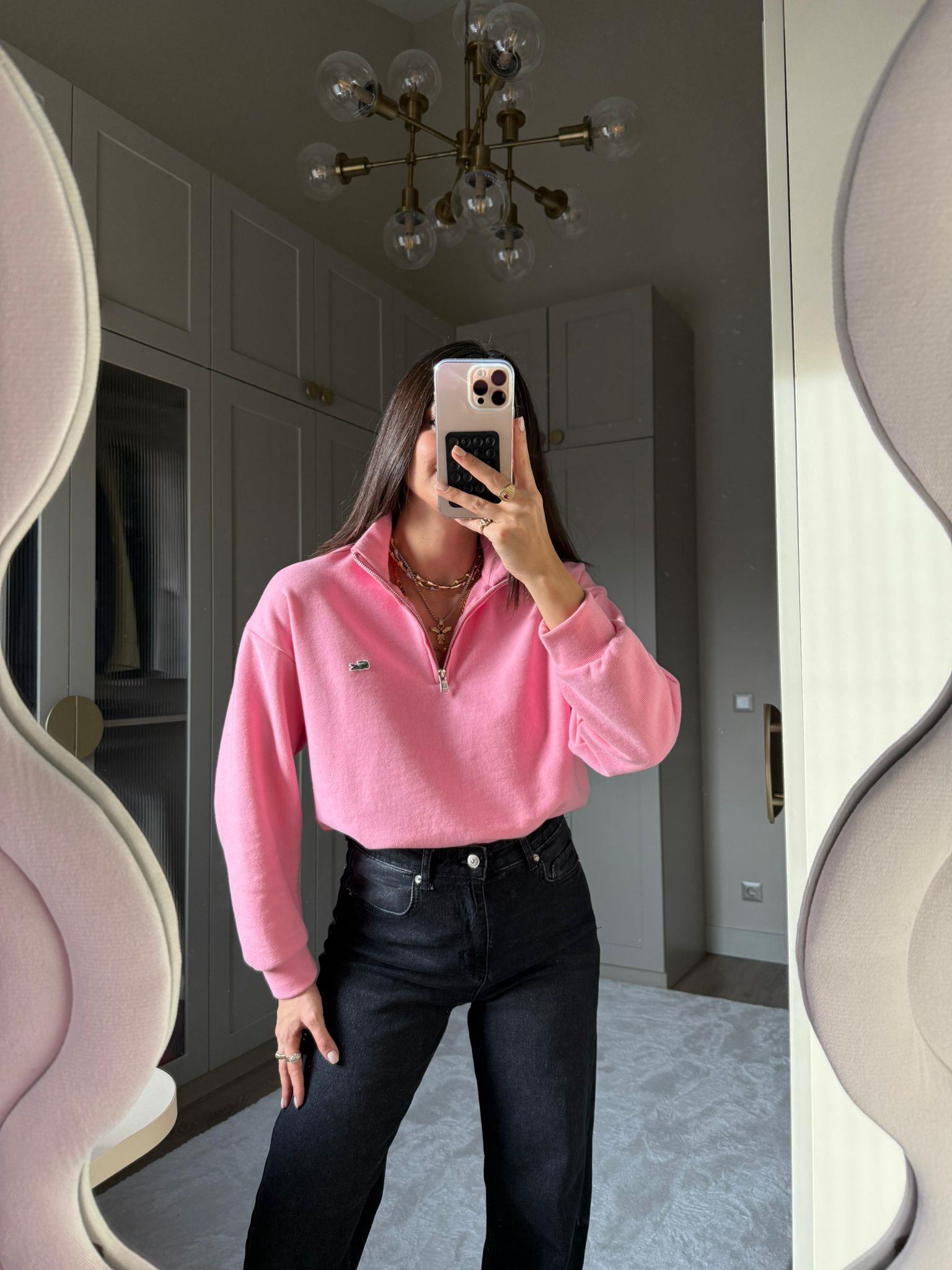 Pembe Fermuar Detaylı logolu Marka Model Sweat