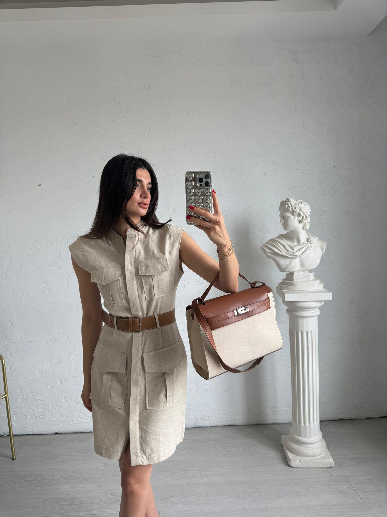 Taş Rengi Kemerli Safari Keten Elbise