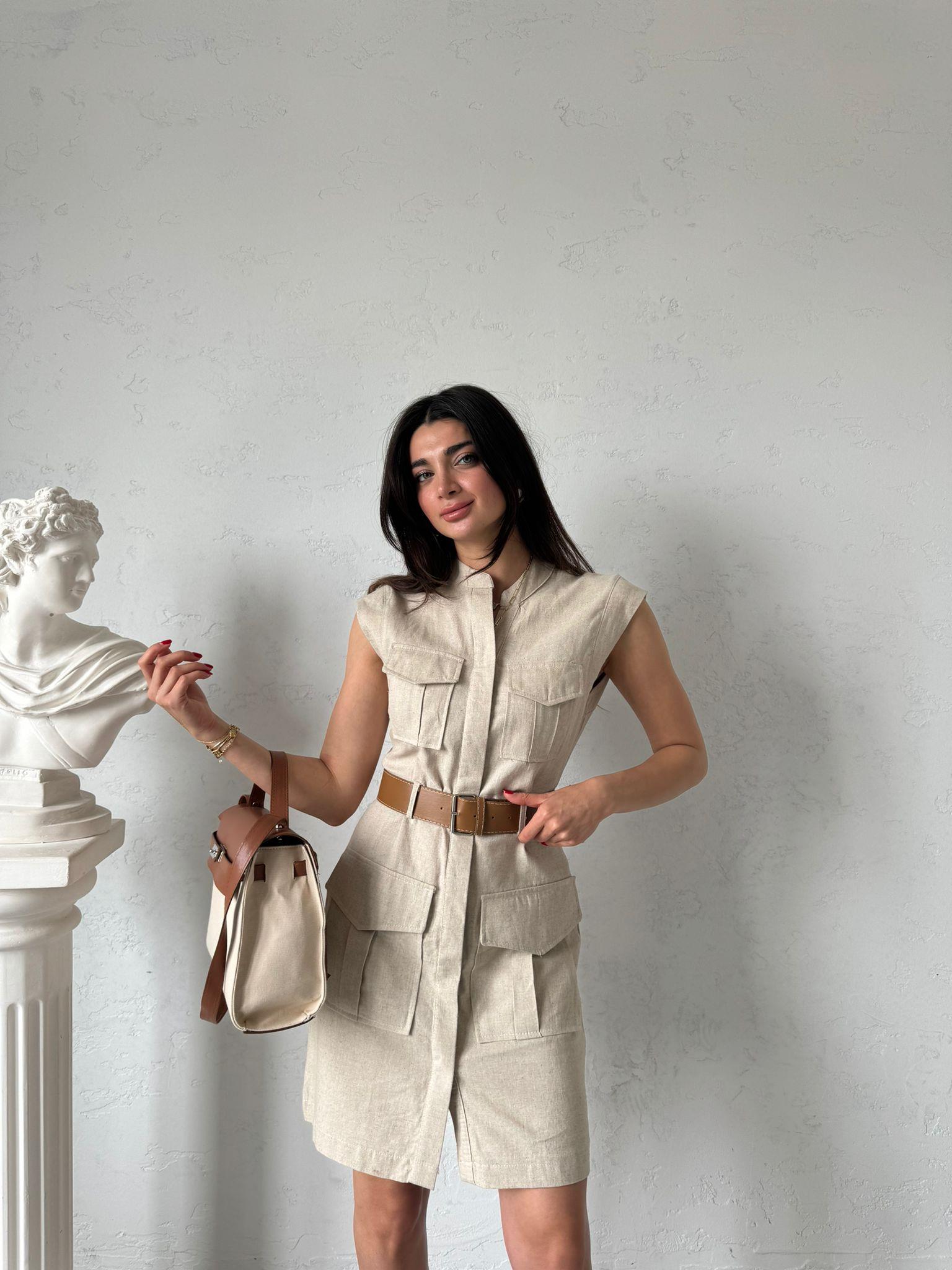 Taş Rengi Kemerli Safari Keten Elbise