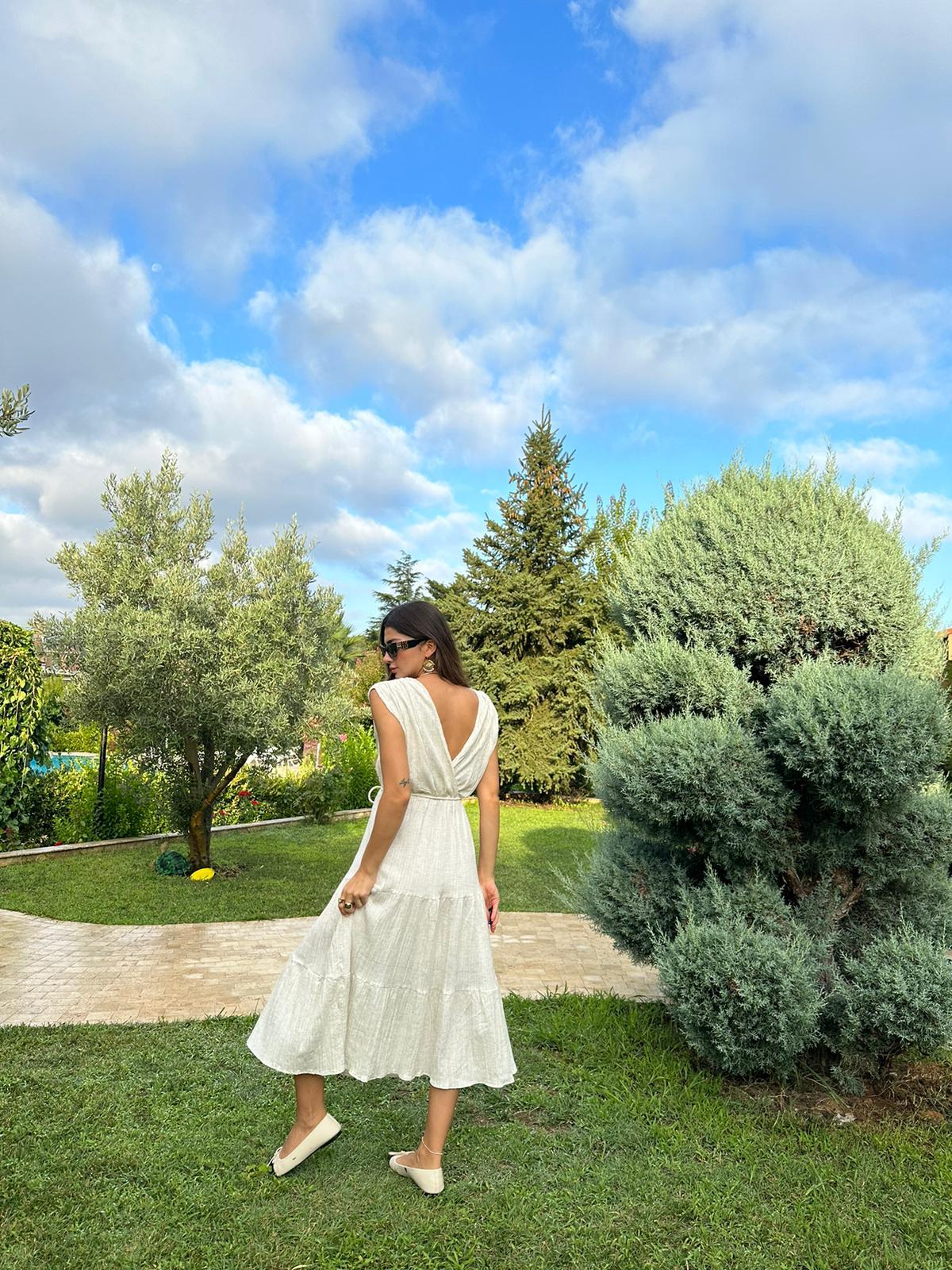 Taş Rengi V Yaka Keten Elbise