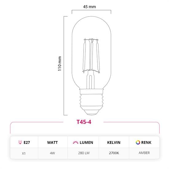 Led Lamp 4W 220V E27 Rustik Led Ampul T45-4 - Nevo Aydınlatma