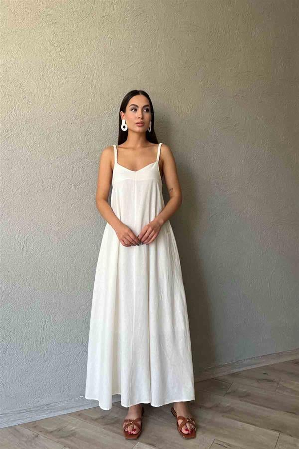 Ekru Rengi Örgü Askılı Keten Uzun Elbise - Seda Yalçın Atelier