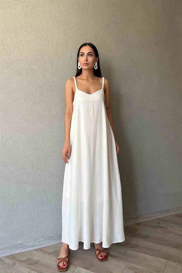 Ekru Rengi Örgü Askılı Keten Uzun Elbise - Seda Yalçın Atelier