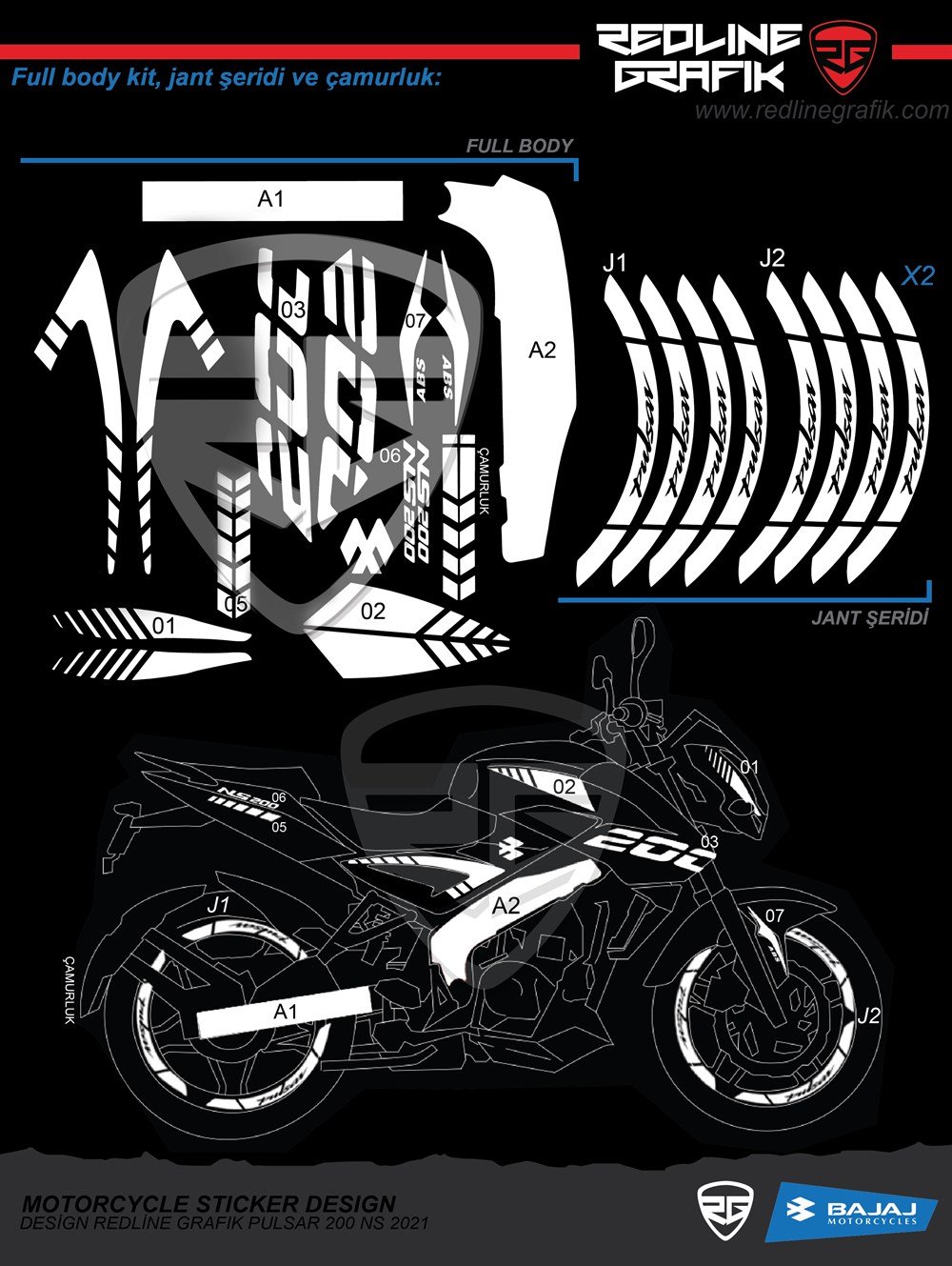 Bajaj Pulsar 200 NS Full Sticker Set Custom Mavi