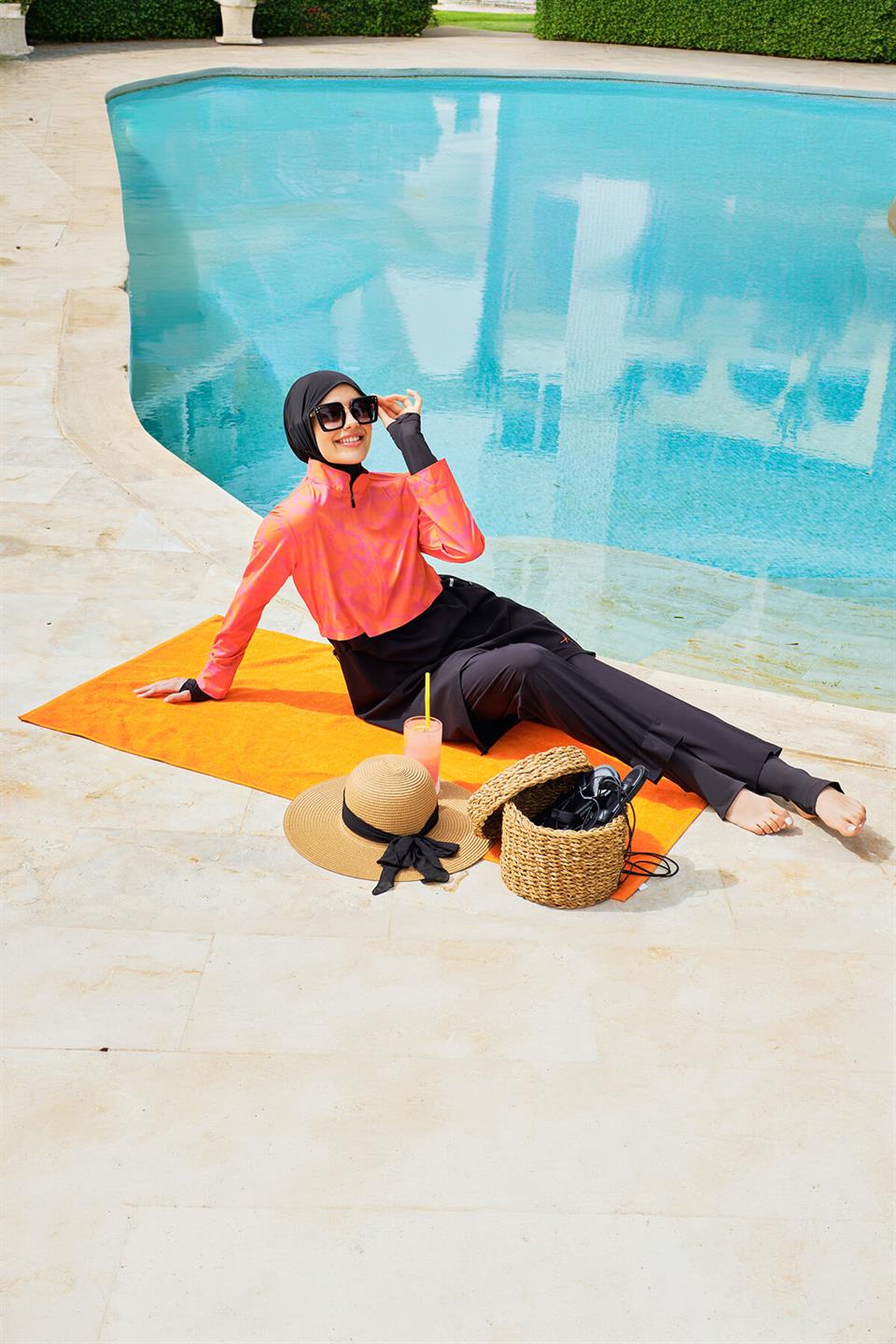 Haşema Esila Fuşya Turuncu Jileli Tam Tesettür Mayo Üstü - Haşema