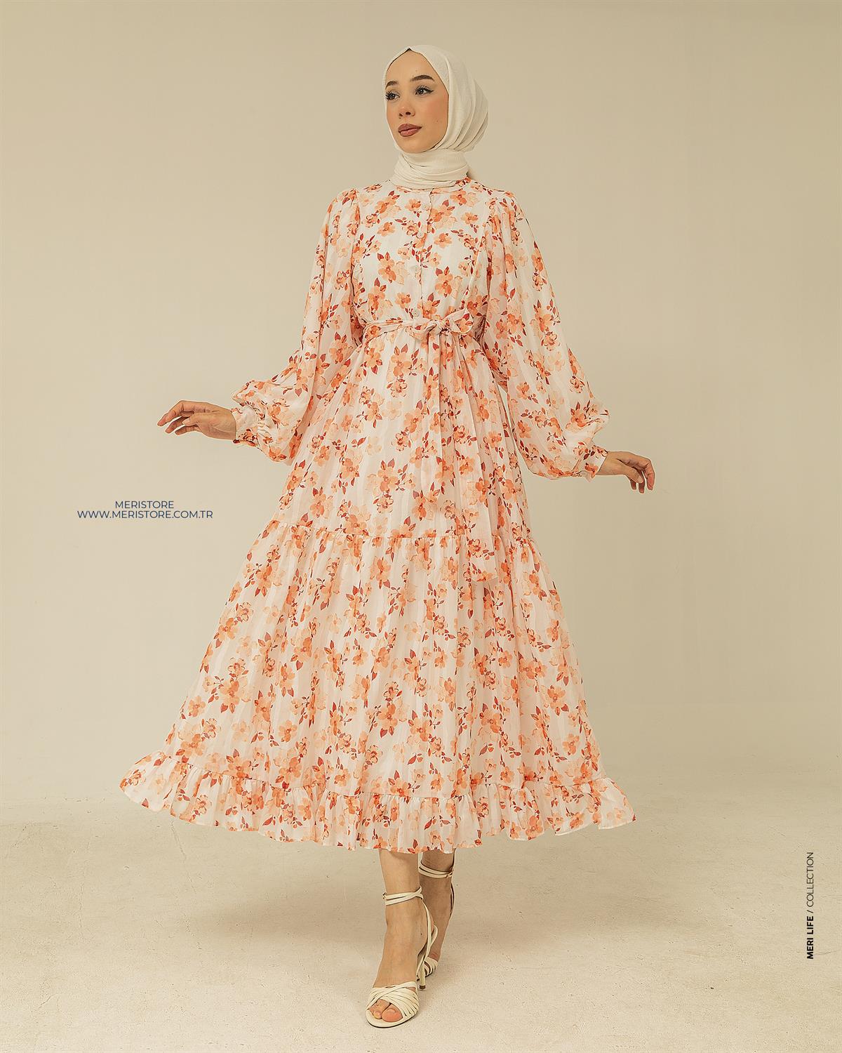 Desenli Turuncu Şifon Elbise