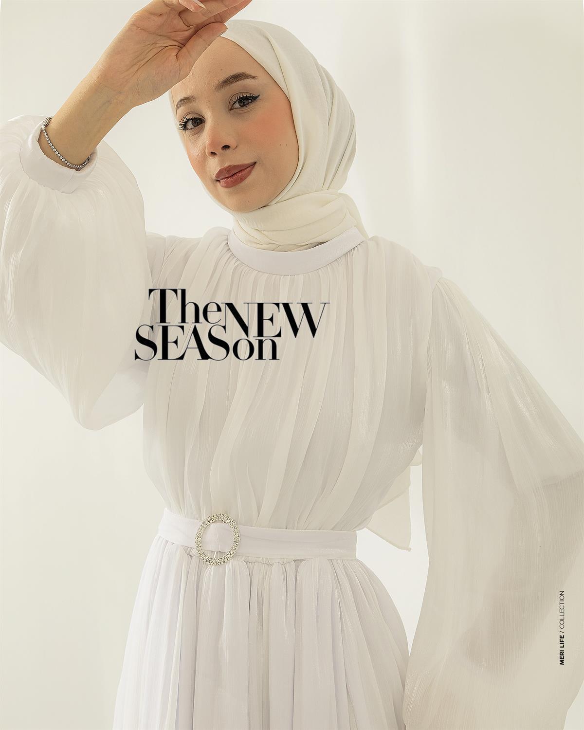 Beli Lastikli Beyaz Elbise - Meristore