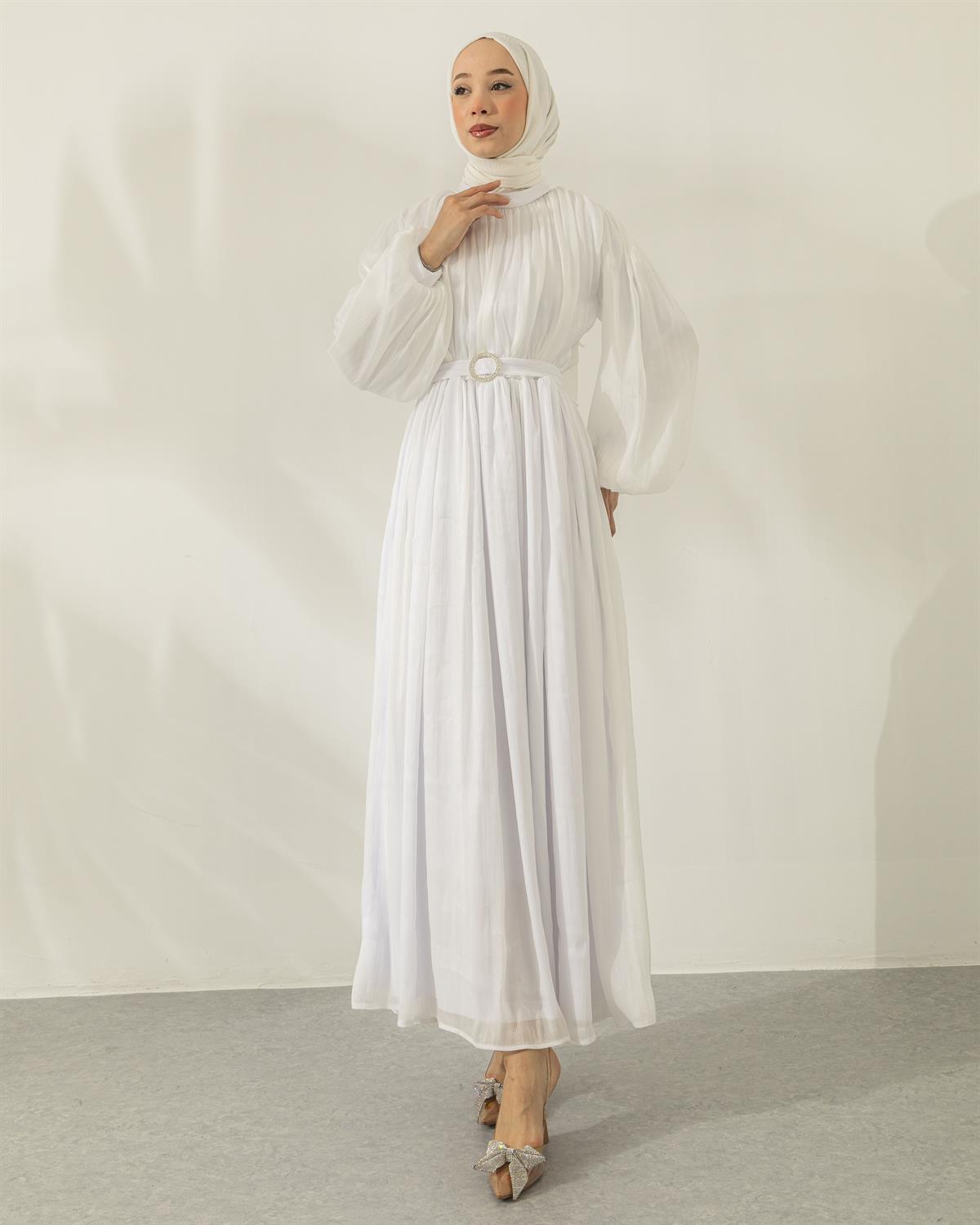 Beli Lastikli Beyaz Elbise - Meristore