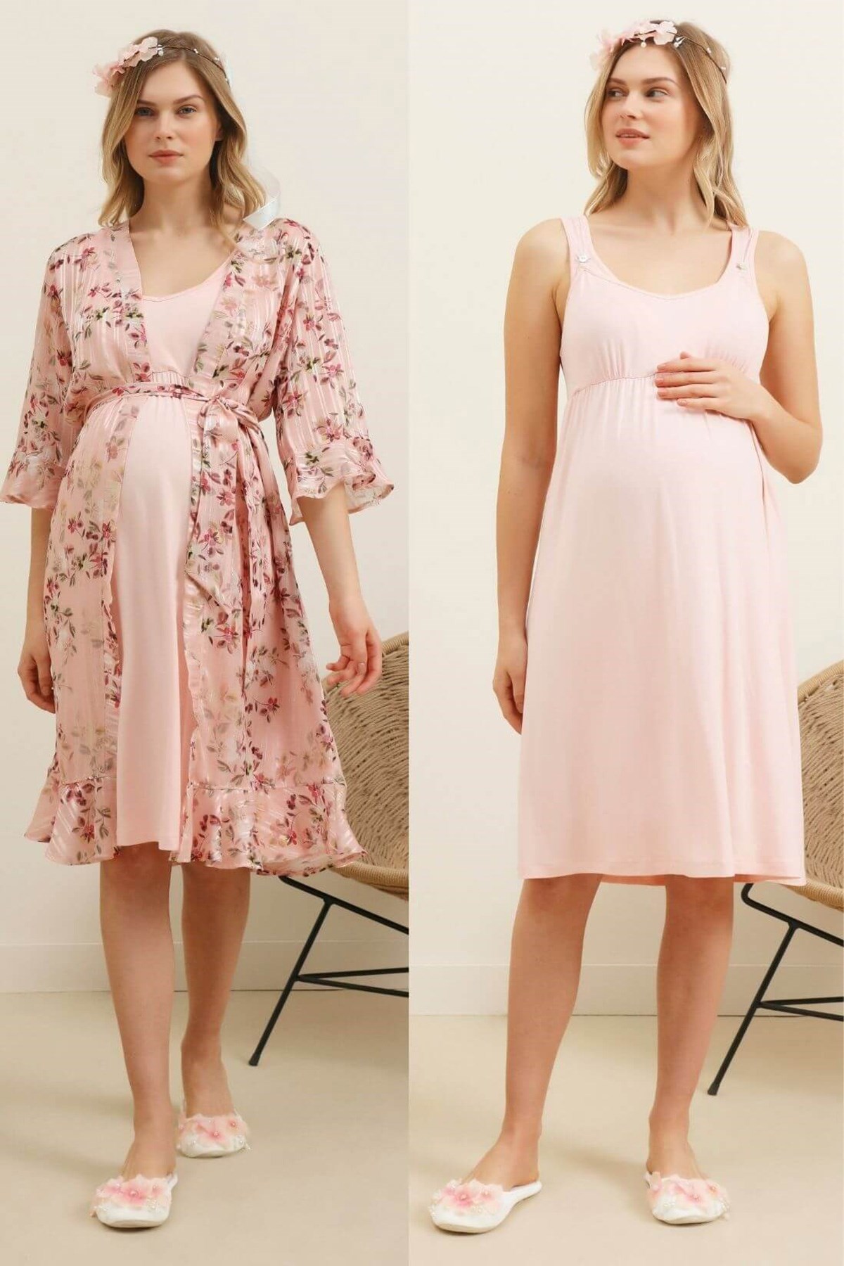 Aqua 54345 Pudra Sabahlıklı Lohusa Gecelik Takım - Lohusa Hamile