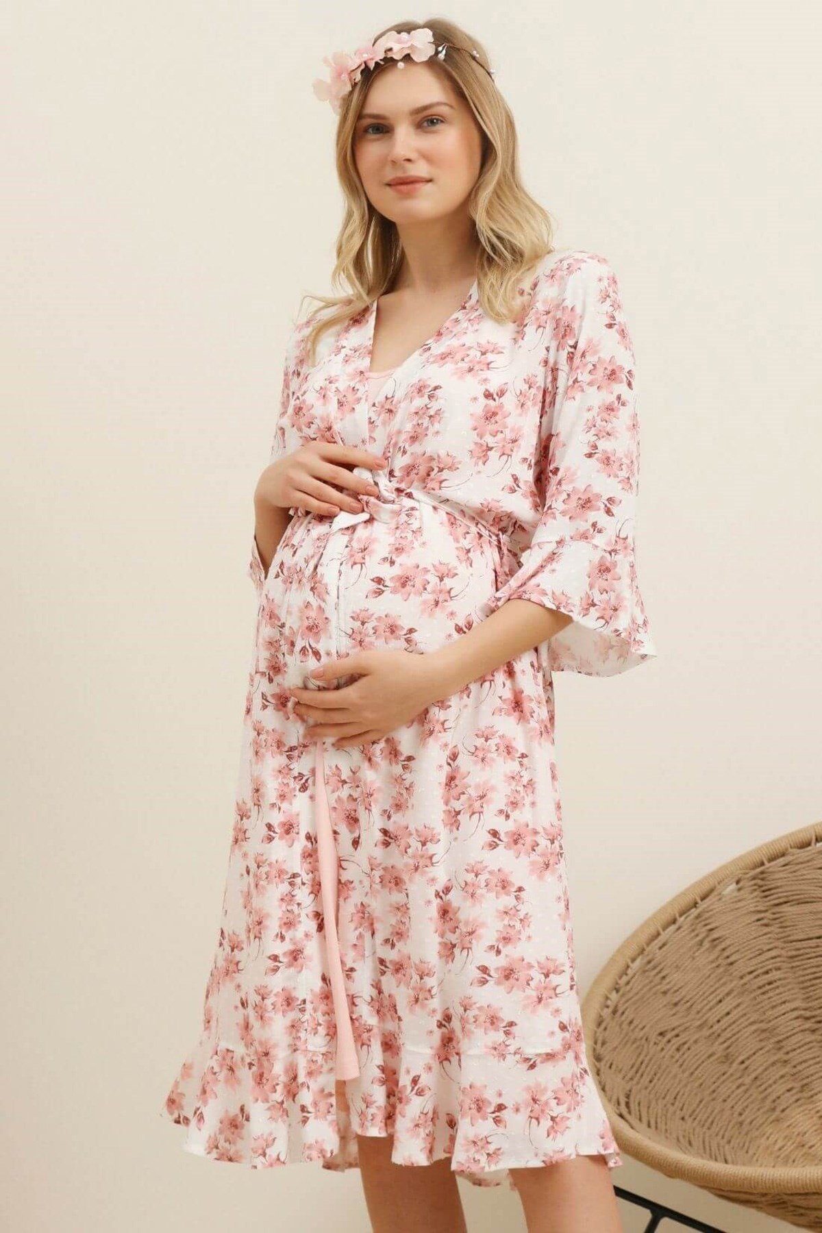 Aqua 54345 Pudra Sabahlıklı Lohusa Gecelik Takım - Lohusa Hamile