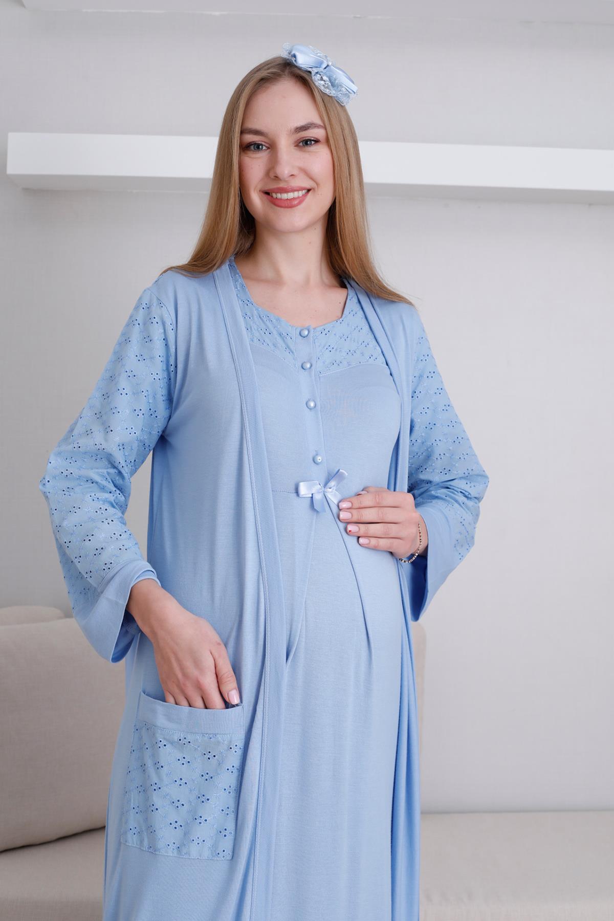 Erdeniz 2297 Mavi Sabahlıklı Lohusa Gecelik Takımı - Lohusa Hamile