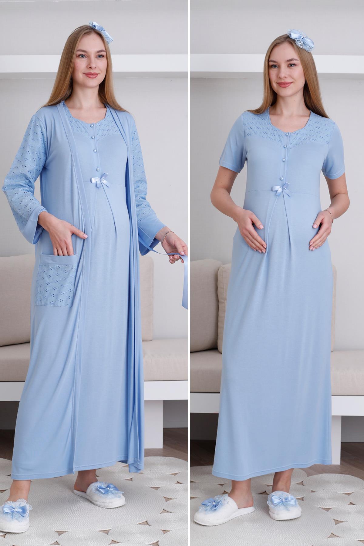 Erdeniz 2297 Mavi Sabahlıklı Lohusa Gecelik Takımı - Lohusa Hamile