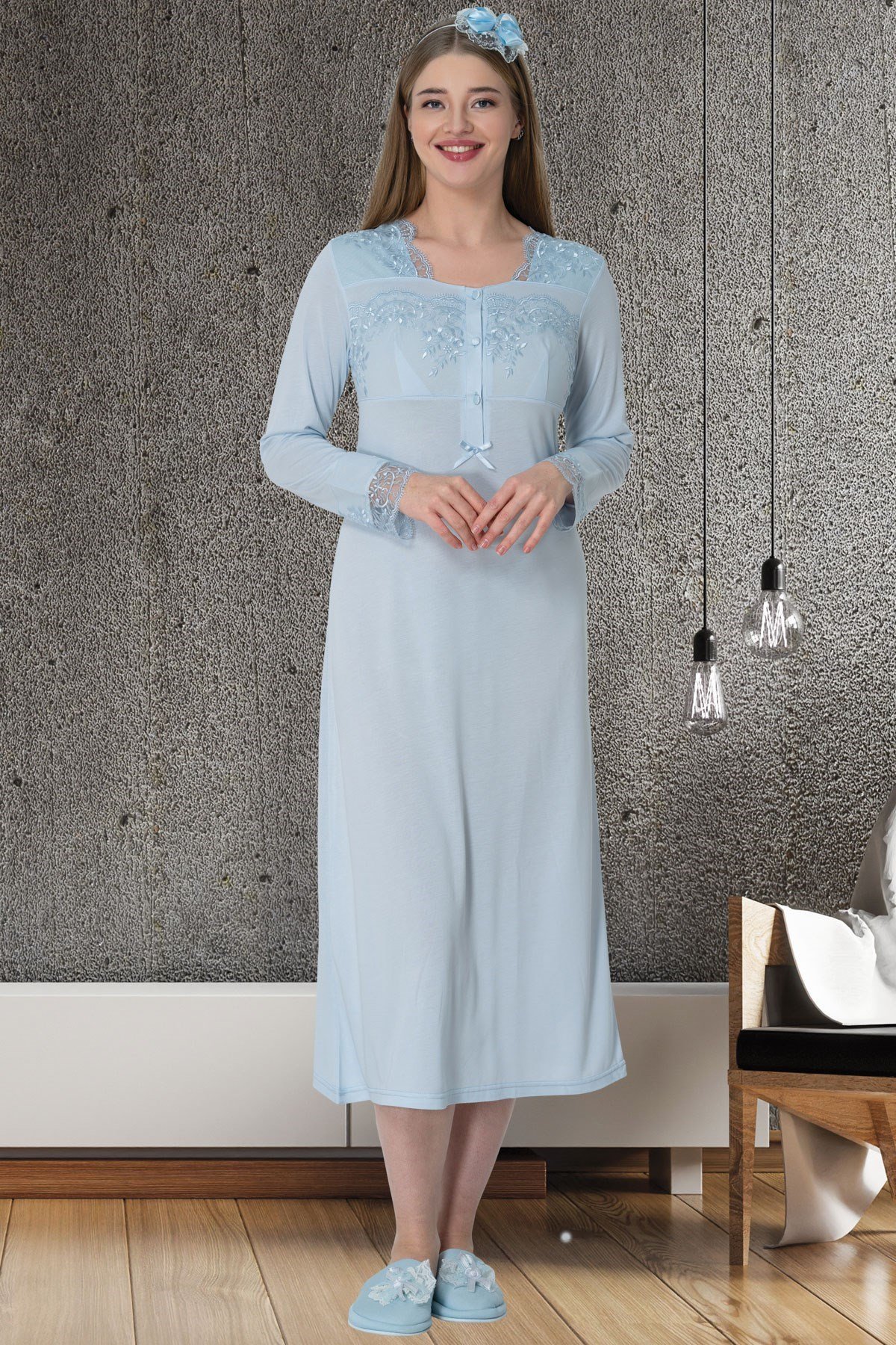 Mecit 5564 Mavi Dantel Sabahlıklı Lohusa Gecelik - Lohusa Hamile